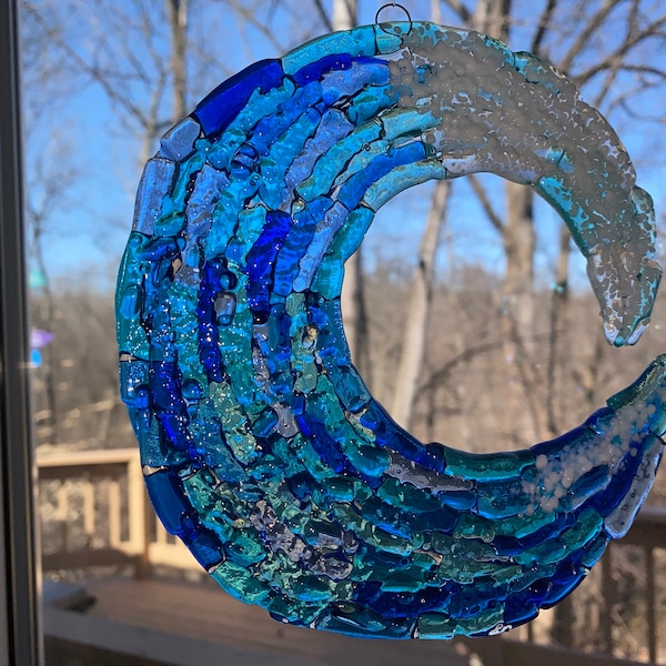 Fused Glass Ocean Wave Art, Glass Wave Wall Decor, Blue Ocean Waves Sun ...