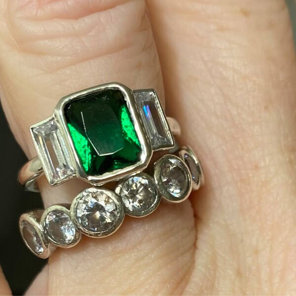 Green Emerald Cut CZ Diamond Ring | Emerald Cut With Side Trapezoid Cut ...