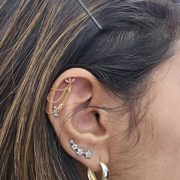 Dainty Triple Chain Pink Ruby CZ Helix Piercing, Cartilage Piercing 20g ...