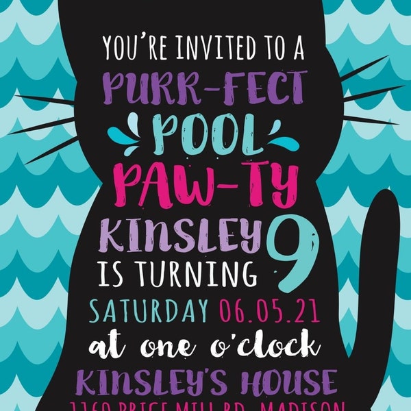 Kitty Cat Pool Pawty Invitation, Cat Pool Birthday Party Invite, Kitty ...