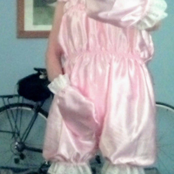 Sissy Adult Baby Pink Satin Shorts Romper Pyjamas Frilly Satin Lace ...