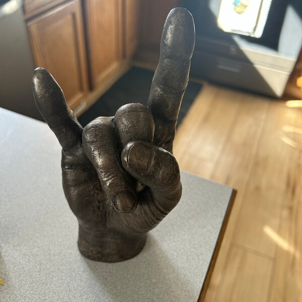 Hand Sculpted Bronze Life Sized Metalhead Man Devil Horns Sign of the ...