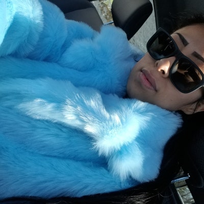 Baby Blue Fur Coat, Fluffy Jacket, Furry, 100% Polyester, Vegan, Fake ...