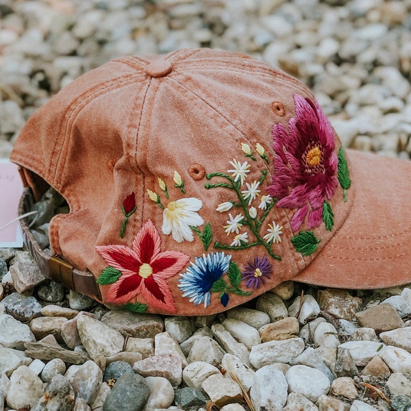 Hand Embroidered Baseball Hat for Women Custom Embroidered Flowers ...