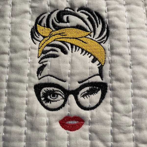 Cool Woman Face Embroidery Design, Woman With Glasses Embroidery Design ...
