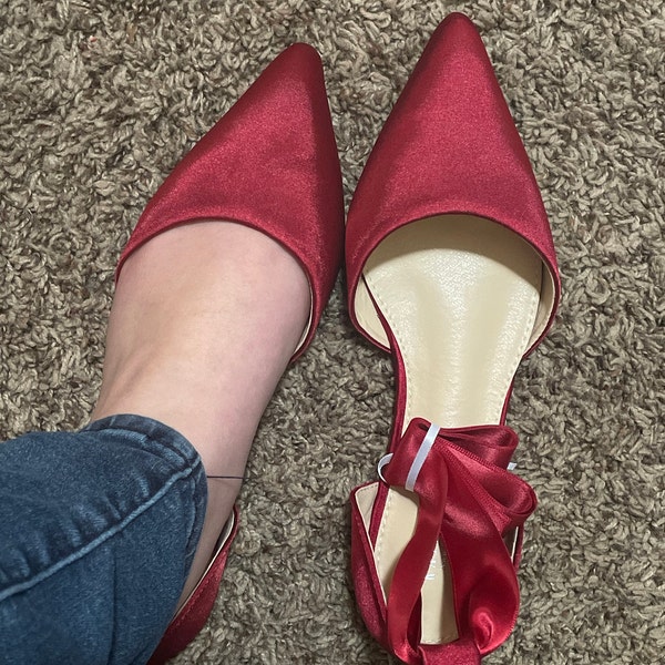 Burgundy Satin Pointy Toe Flats With Satin ANKLE TIE or BALLERINA Lace ...