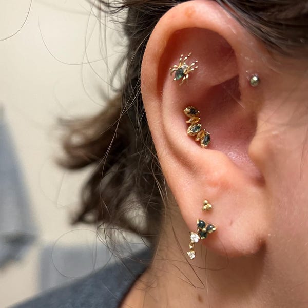 14K Solid Gold Dangle Triple Chain Moss Agate Cartilage Earring Helix ...