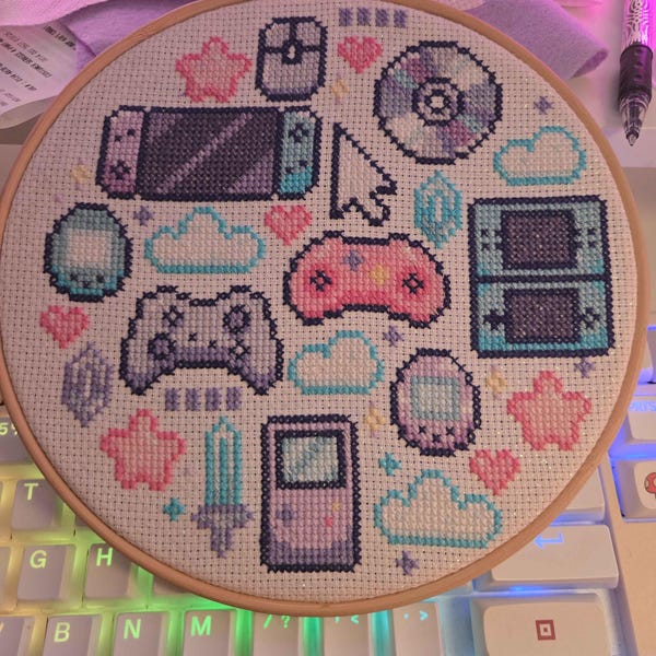 Retro Games Cross Stitch Pattern, Video Games, Cd, Ds, Switch, Pastel ...