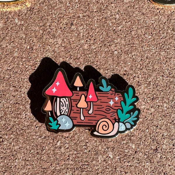 Mushroom Log Enamel Pin - Cute Snail Forest Lapel Pin, Kawaii Enamel ...