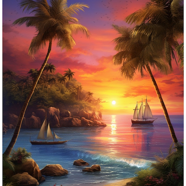 30 Printable Sunset Beach Digital Paper, Ocean Palm Landscape Backdrop ...