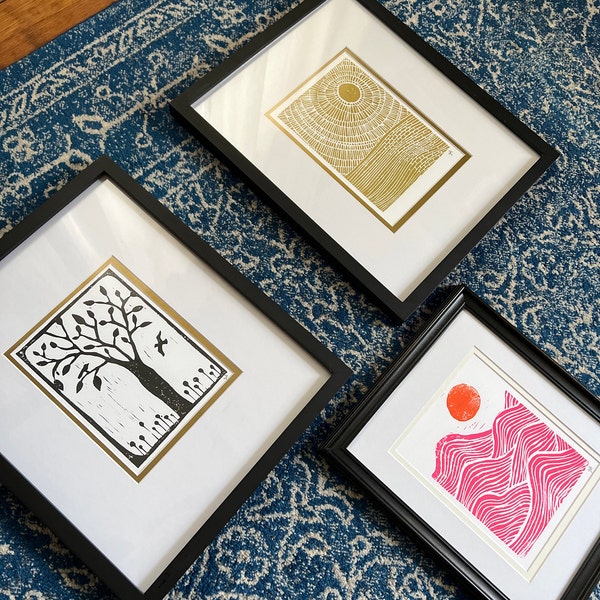 Sunset on the Ocean - Hand-pressed Linocut Print - 8x10 Minimal Textured Poster- Metallic Gold ...