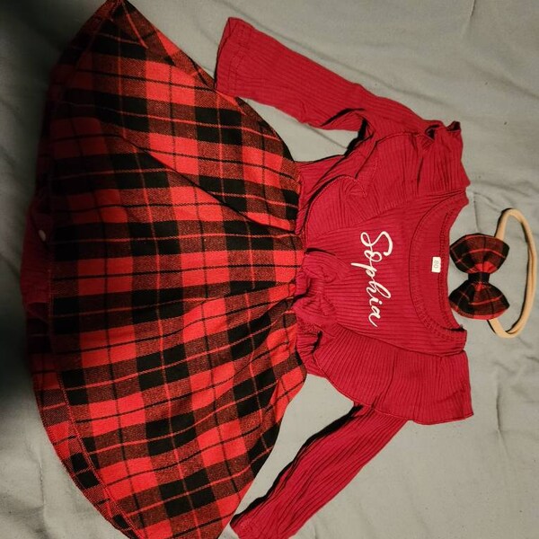Baby Girl Christmas Outfit Checkered Red Pattern, Personalized ...