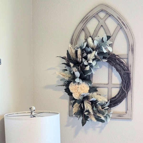 Boho Pampas Grass Eucalyptus Wreath for Front Door With Lamb's Ear and ...