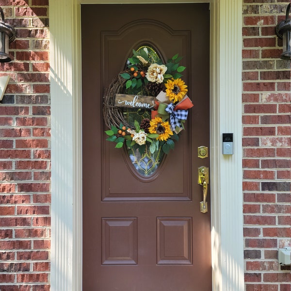 Fall Sunflower Welcome Wreath, Fall Wreath, Fall Farmhouse Wreath, Fall ...
