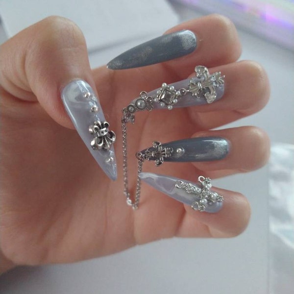 Long Stiletto Gray & Silver Chrome Goth Press on Nails With Charms and ...