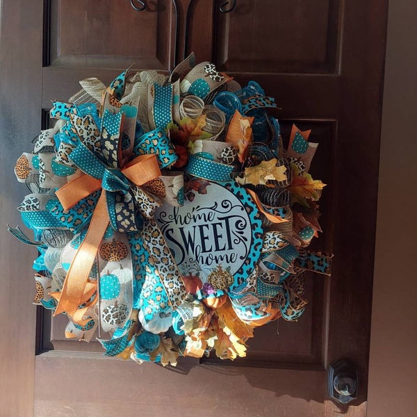Fall Wreath: Cheetah, Turquoise, and Orange Pumpkin Decor - Etsy