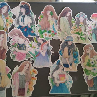 Fashion Girl Stickers Watercolor Flower Floral Modern Girl Dress Street ...