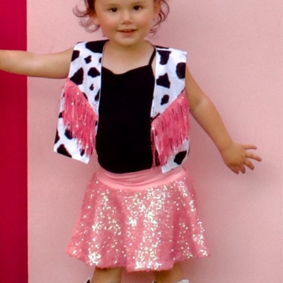 Girls Western Cowgirl Cropped Cowhide Print Vest With Sequin Fringe and ...