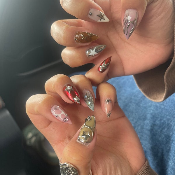 3D Freestyle Almond Goth Press on Nails, Handpainted Luxury Acrylic ...