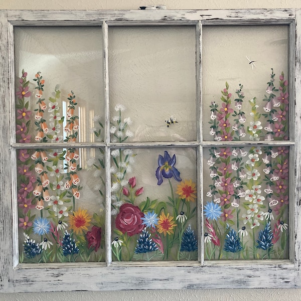 Vintage Window Art, Vintage Window Painting, Old Window Art, Stain ...