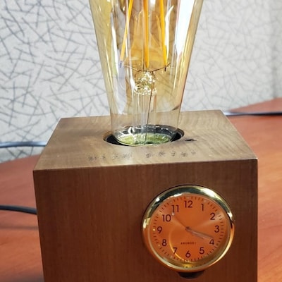Wooden Table Lamp With Clock Small Mid Century Nightstand - Etsy