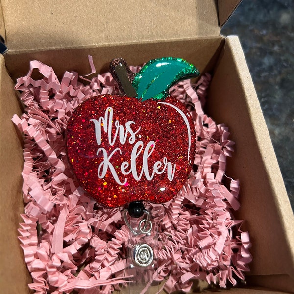 Epoxy Apple Badge Reel - Teacher Gift - Back to School - Personalized ...