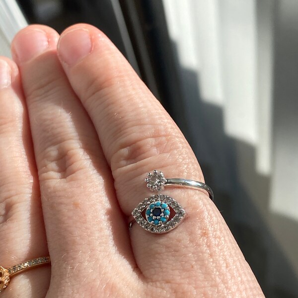 Minimalist Adjustable Evil Eye Ring, Zircon Evil Eye Charm Ring, Adjustable Minimalist Ring in ...