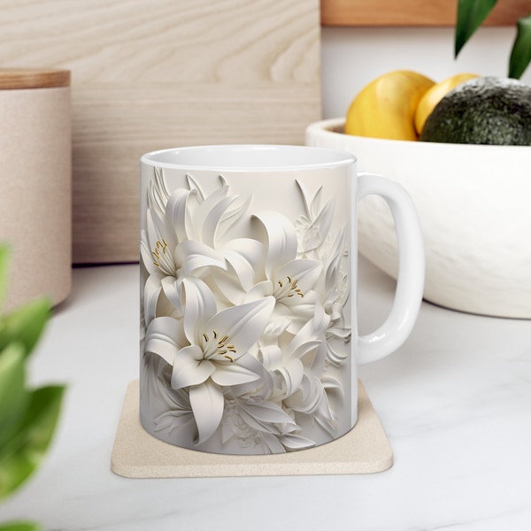 3D White Lilies Flowers Mug Wrap, 11oz and 15oz Mug Template, Mug ...