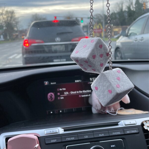 White Fuzzy Dice With Red Hearts and Chain or Cord / Car Accessories ...