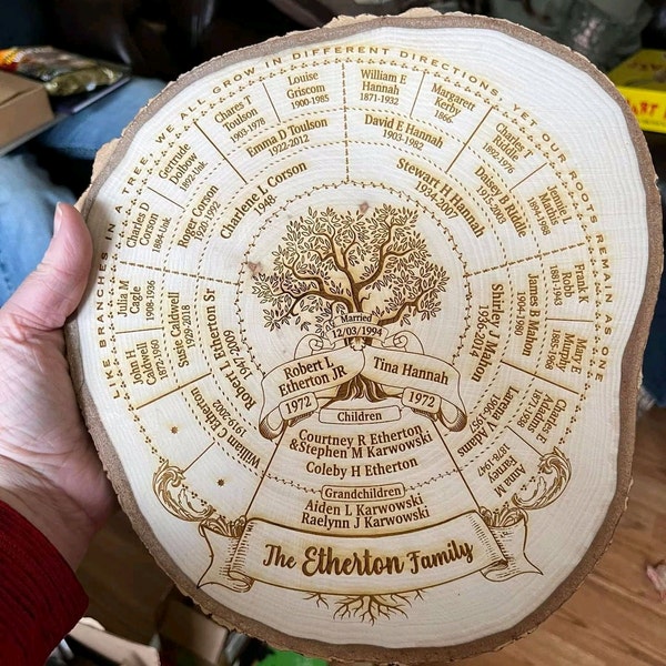 Family Tree Art Engraved on Natural Wood, %100 Customizable ...
