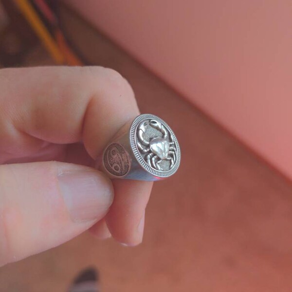 Cancer Zodiac Sign Mens Ring in Silver, Zodiac Pinky Signet Ring in ...