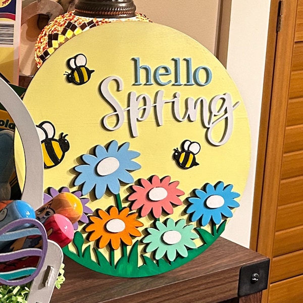 Hello Spring Daisy Bees Sign, DIGITAL Download, Round Door Hanger Svg ...
