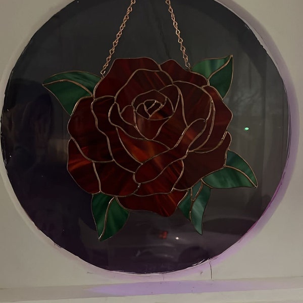 Rose Stained Glass Panel in Rich Red, Handcrafted Floral Home Decor ...