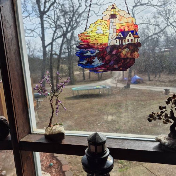 Lighthouse Sunset on Sea Suncatcher, Lighthouse Window Hangings, Light ...