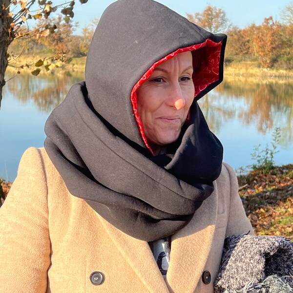 Reversible Infinity Hooded Scarf With Winter Pattern – Cotton Snood in ...
