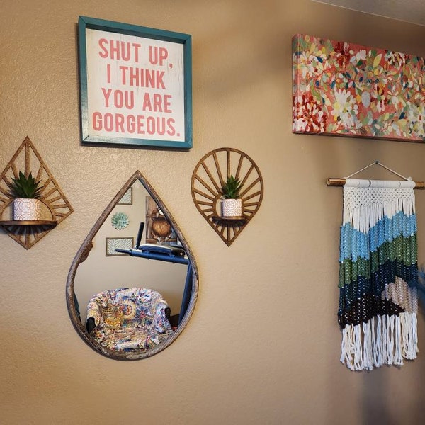Floating Sun Teardrop Shaped Wood Wall Shelf - Accent Shelf Plant Shelf ...