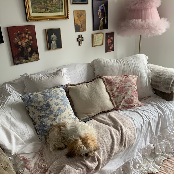 Blue Toile Throw, French Vintage Bedding, Farmhouse Linen, Toile Du ...