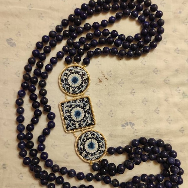 Sicilian Necklace With String of Lava Beads and Caltagirone Ceramic ...