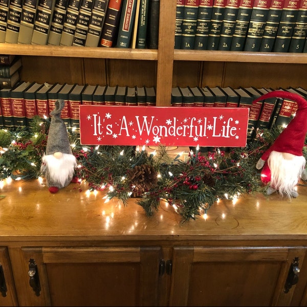 Primitive Christmas Sign It's A Wonderful Life Snowflakes Santa Red ...