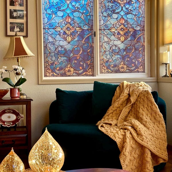 Custom Size Stunning Blue and Amber Floral Stained Glass Window Film ...