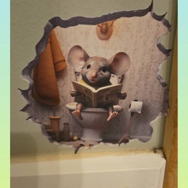 Buy Mouse Sitting on Toilet in Mouse Hole Decal Bathroom Potty Training ...