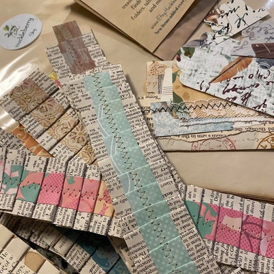 7 Book Page and Fabric Strips, Stitched Book Page With Fabric Scraps ...