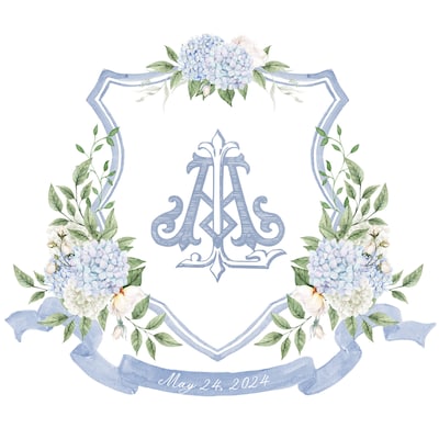 Blue and White Hydrangea Wedding Crest Monogram Watercolor Dog Crest ...