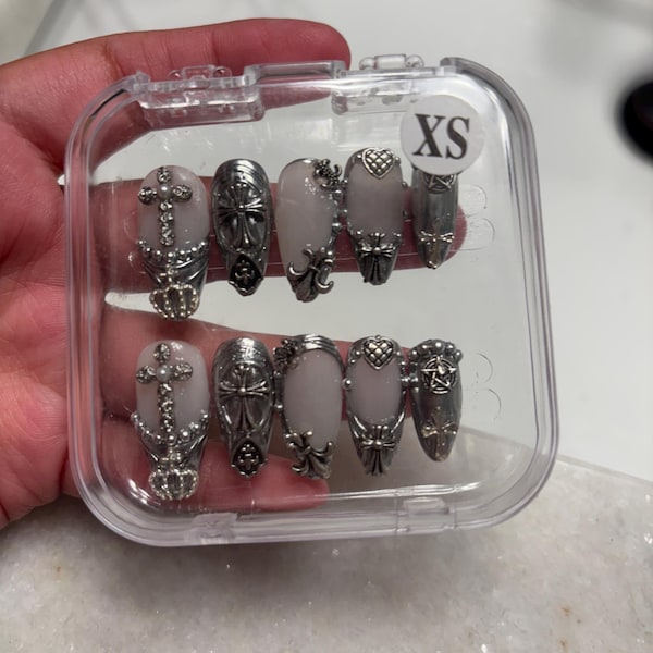 Gothic Armor Chrome Press on Nails | Silver Cross & Shield 3D Nail Art ...