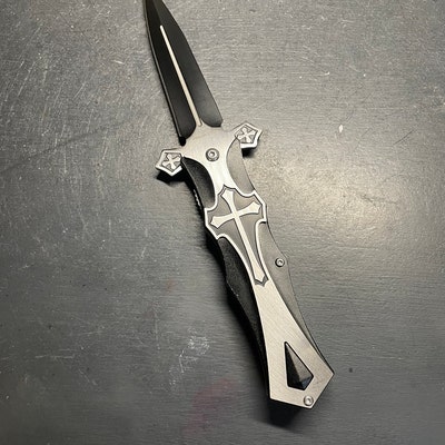 9 Black Cross Cute Knife Spring Assisted Open Blade Folding Pocket ...