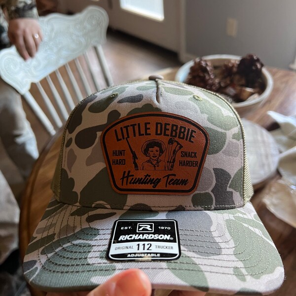 Funny Hunter With Rifle & Bow Snack Cake SEWN LEATHER PATCH | 7 Panel ...