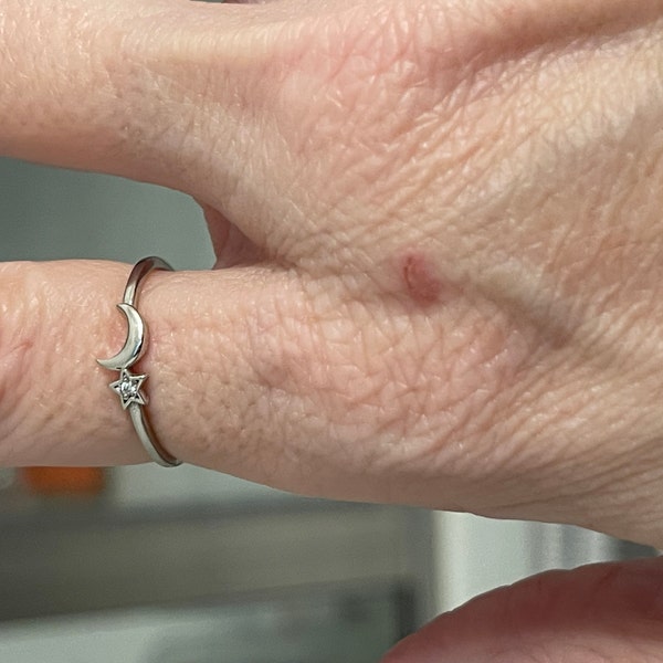 Diamond Crescent Moon Star Ring 14K 18K Solid Gold, Dainty Moon Star ...