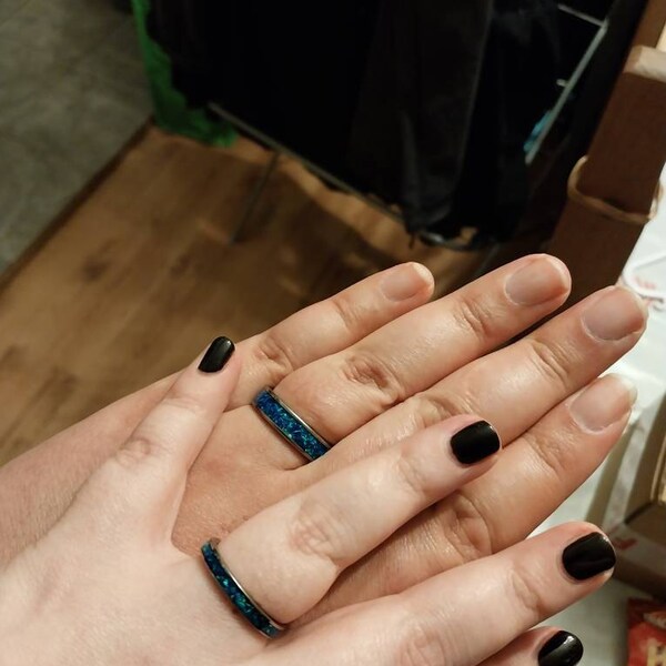 Handmade Opal His and Hers Blue Opal Ring Set, Tungsten Wedding Rings ...