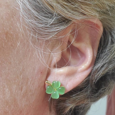 Four Leaf Clover Plugs Earrings, Flower Earrings Gold, Emerald Clover ...