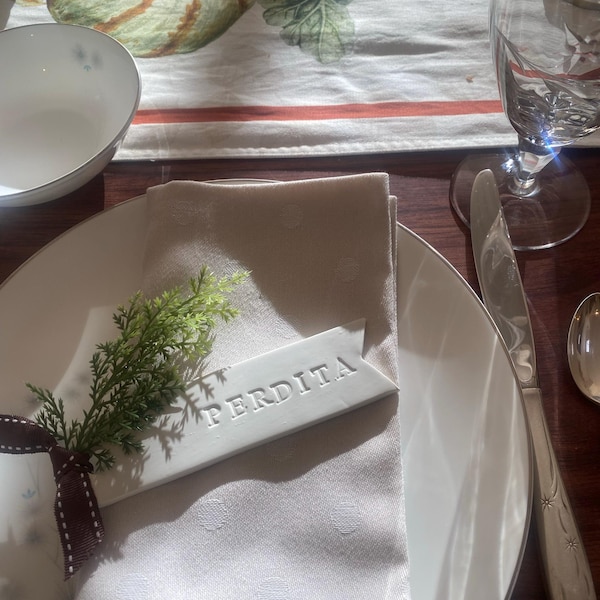 Personalized Clay Place Cards: Faux Greenery & Velvet Ribbon - Etsy
